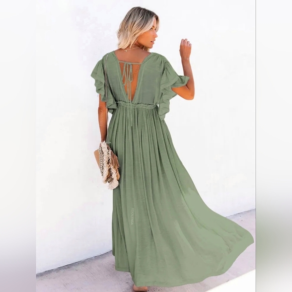 Dresses | New Boho Princess Flowy Gauze Cover Up Maxi Dress Sage Green ...